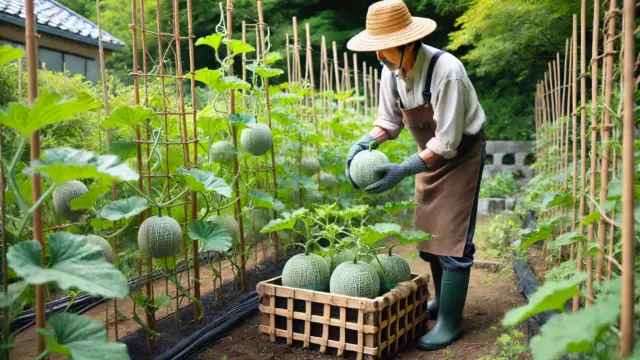 プランターでマクワウリを育てる日本人農家が、成功のコツを実演する様子